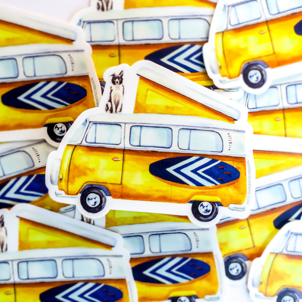 Vintage Yellow VW Bus Sticker by Watercolor Wednesday